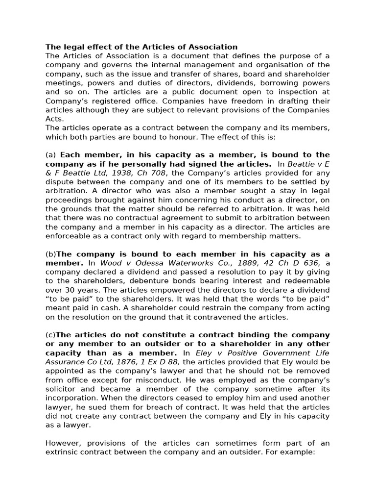 The Legal Effect of The Articles of Association | PDF | Corporations ...