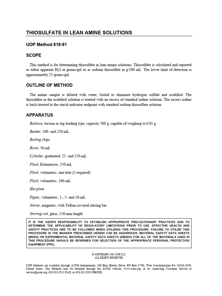 Thiosulfate Analysis in Amine Solutions | PDF | Iodine | Titration