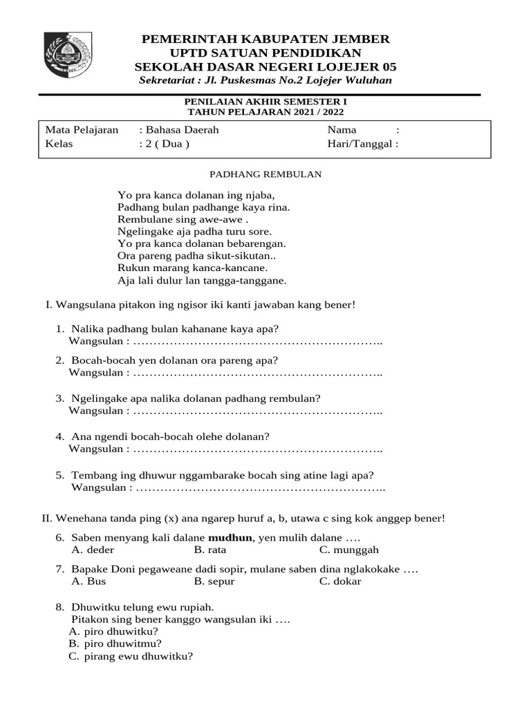 Soal Bhs. Jawa Kelas 2 Pas | PDF