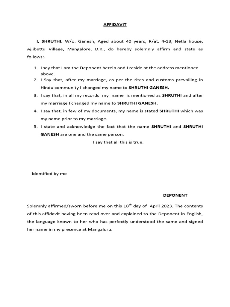 Affidavit - difference in name - after marriage | PDF