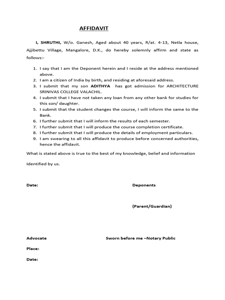 Affidavit - Education Loan | PDF