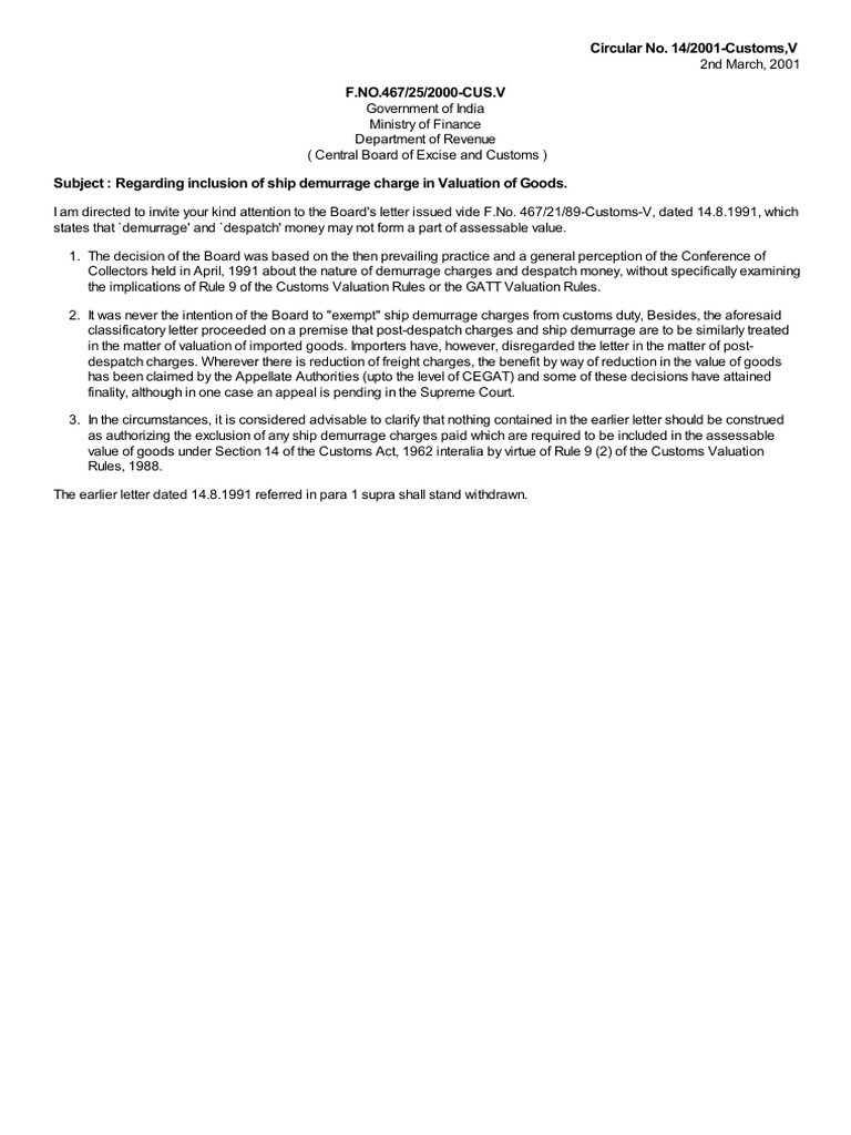 14 2001 Cus Demurrage Charges | PDF