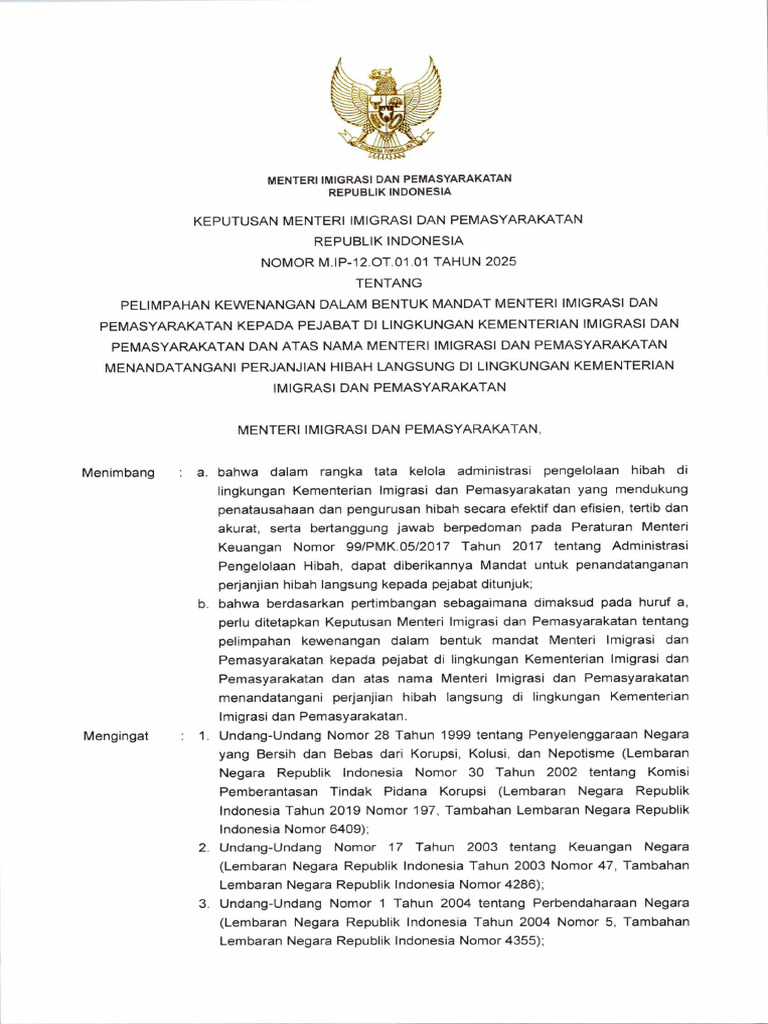 Kepmen M.IP-12.OT.01.01 Tahun 2025 Tentang Pelimpahan Kewenangan Dalam Bentuk Mandat Menteri ...