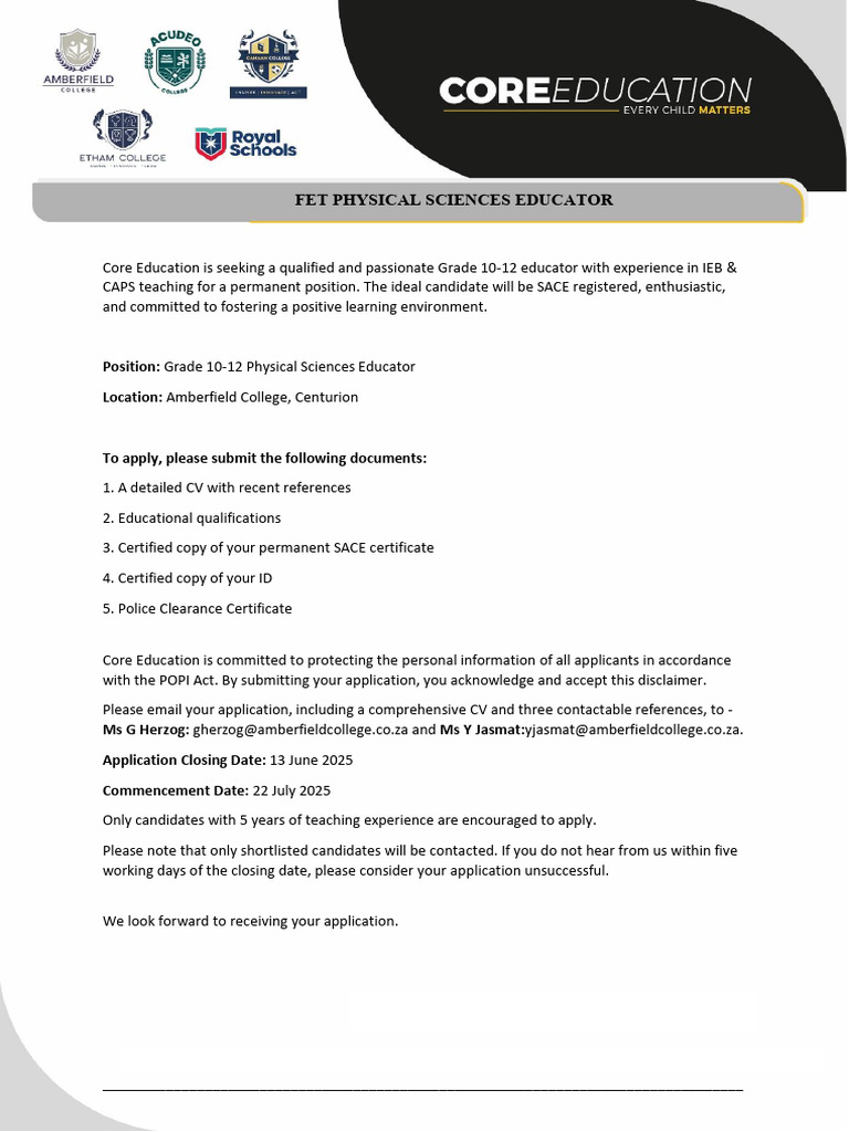 AC Educator Vacancy - FET Physical Sciences | PDF