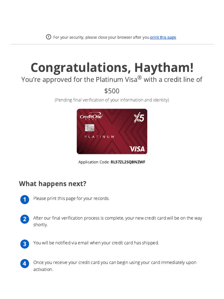 Application Approved - Credit One Bank | PDF