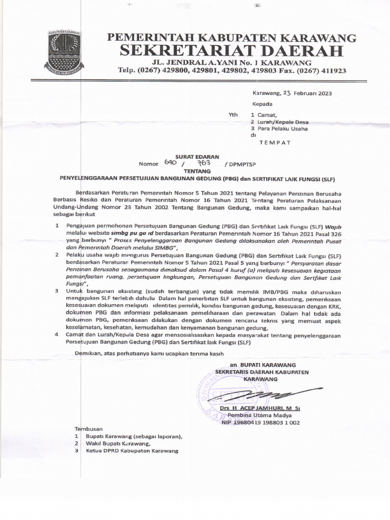 Surat Edaran Sekda - PBG SLF - 230525 - 081923 | PDF