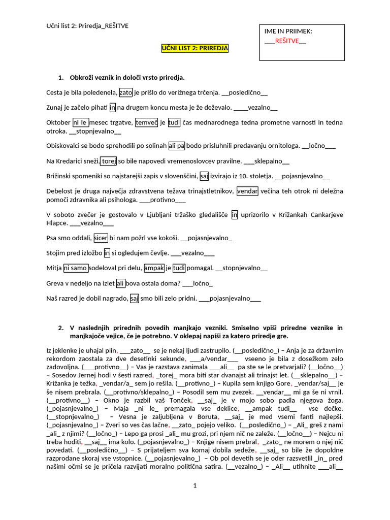 UČNI LIST 2 - 9. Razred - Priredja - REŠITVE | PDF
