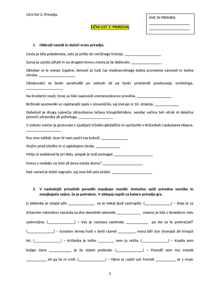 UČNI LIST 2 - 9. Razred - Priredja | PDF