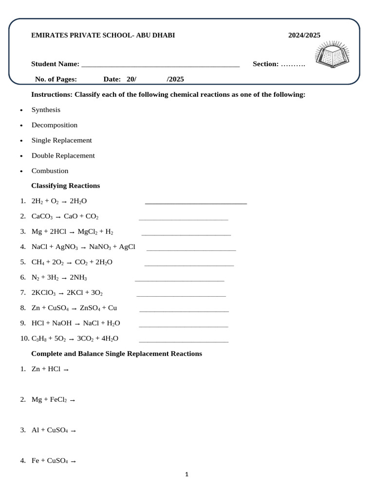 Worksheet Classifying Chemical Reaction | PDF | Chemical Reactions ...