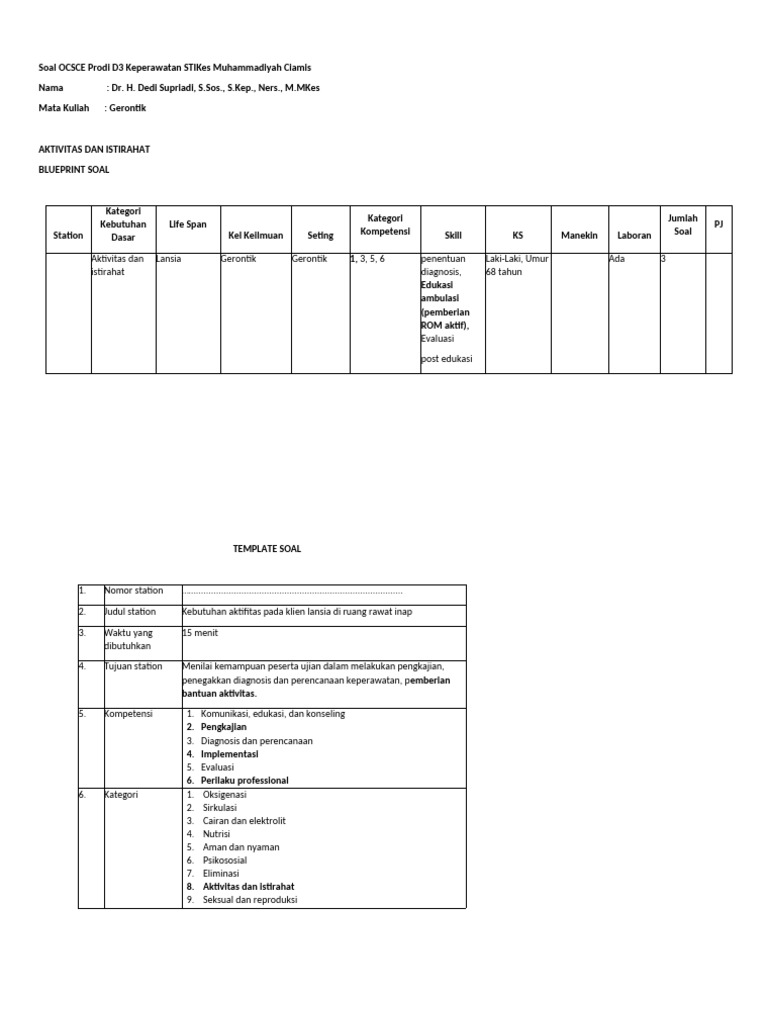 Soal Osce Aktivitas Dan Istirahat Gerontik 2024 - Dedi Supriadi | PDF