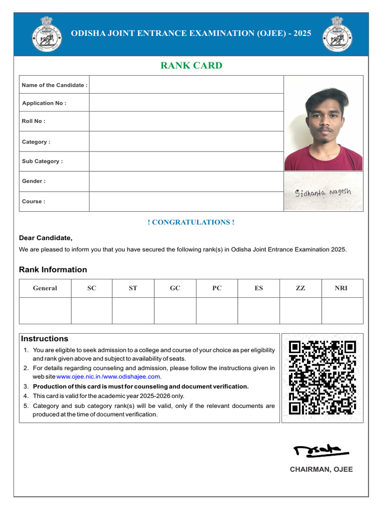 Rank Card: Odisha Joint Entrance Examination (Ojee) - 2025 | PDF