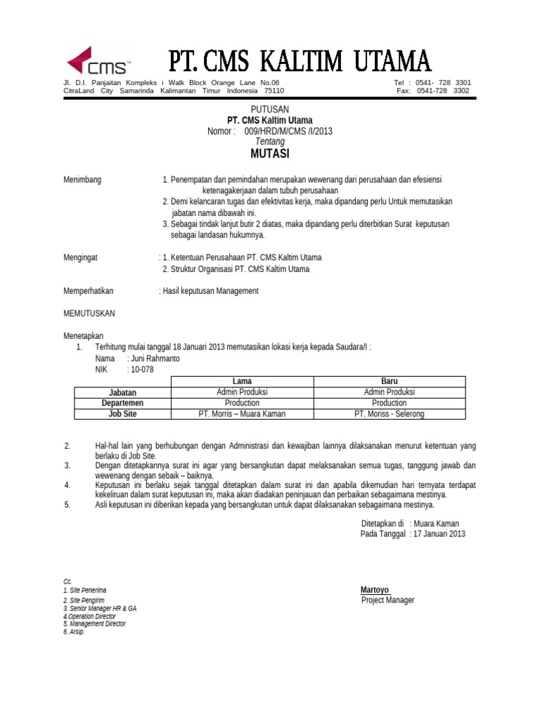 Surat Mutasi Karyawan PT. CMS Kaltim | PDF