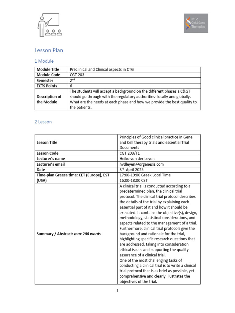 CGT 203 T1 Lesson Plan - GCP and Essential Documents - HVL | PDF ...