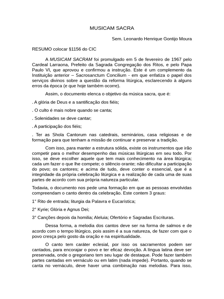 Musicam Sacra e Sacrosanctum Concilium - Pe. Osmar JR | PDF | Música de ...