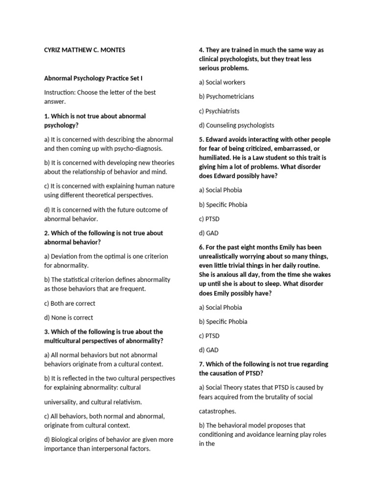 Abnormal Psychology Practice Set I | PDF | Personality Disorder ...