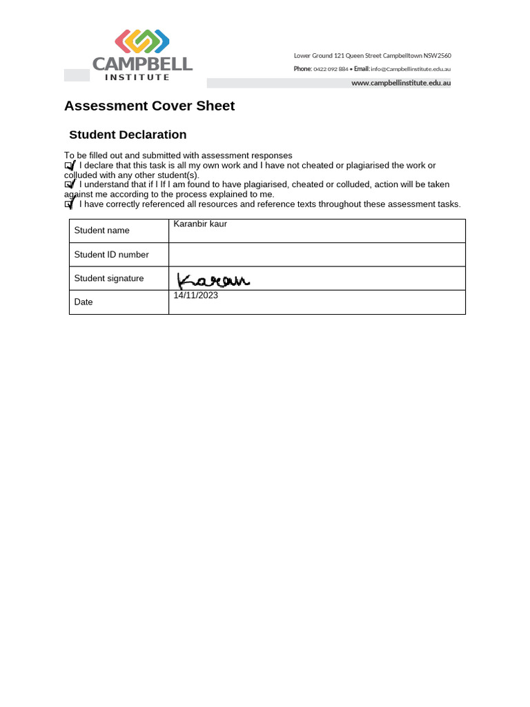 Assessment Cover Sheet Template | PDF