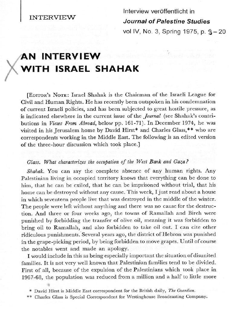 (David Hirst, Charles Glass) Israel Shahak - Interview 1974-12 ...