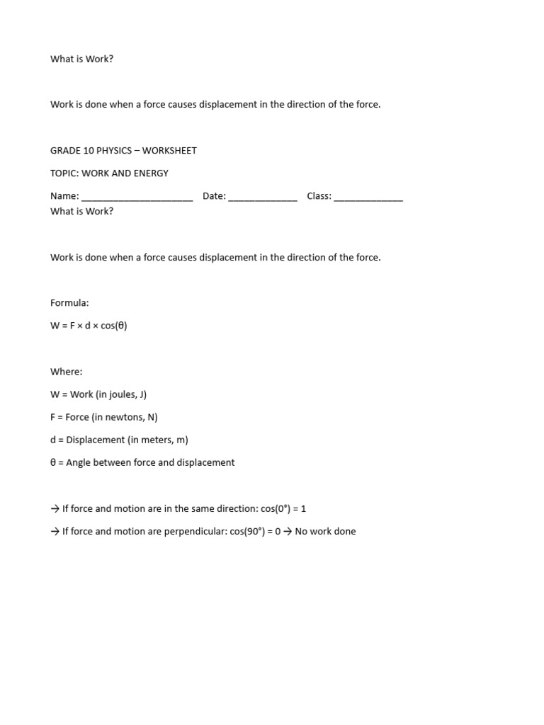 Work, Energy and Power Work Sheet | PDF