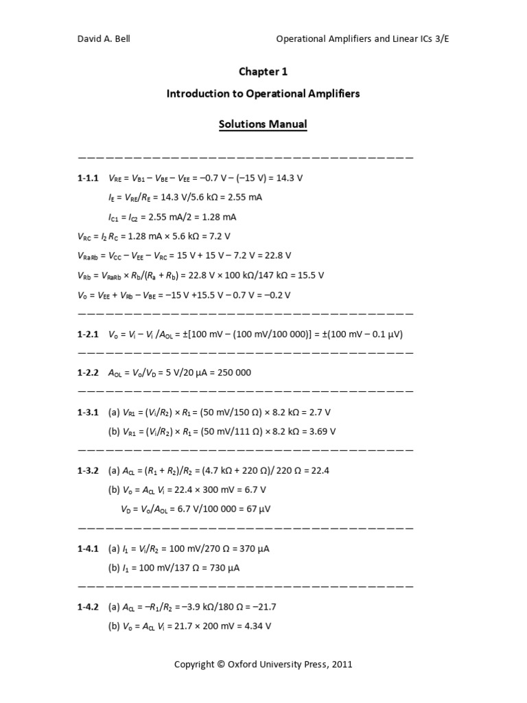 349 39 Solutions Instructor Manual Chapter 1 Introduction Operational Amplifiers | PDF | Analog ...