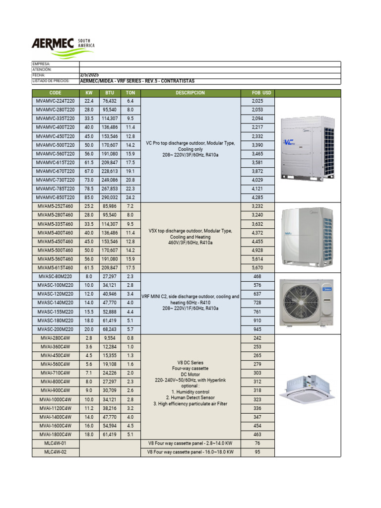 Listado de Precios VRF 2025 Aermec - Rev.5 - Contratistas | PDF | Equipment | Mechanical Engineering