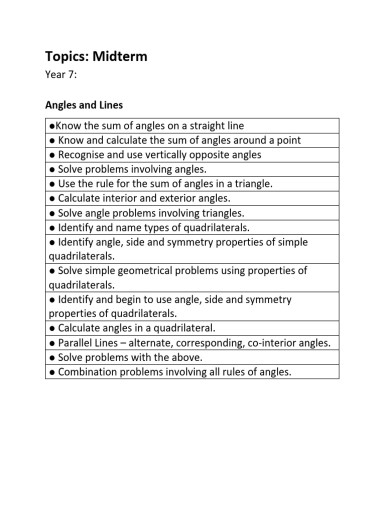 Y7-Mid Term - Topics | PDF