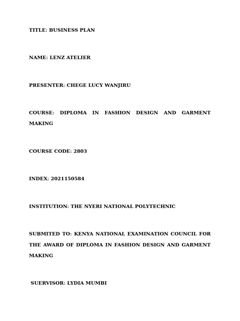Lenz Atelier Business Plan by Lucy Chege | PDF | Business Economics ...