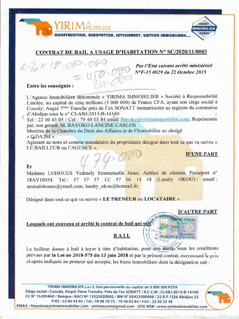 Contrat de Bail Emma Enregistre | PDF
