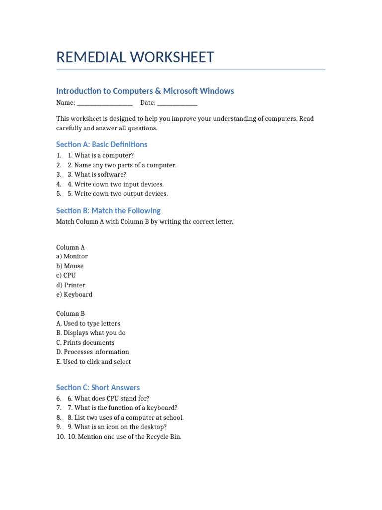 Remedial Worksheet Computer Studies | PDF
