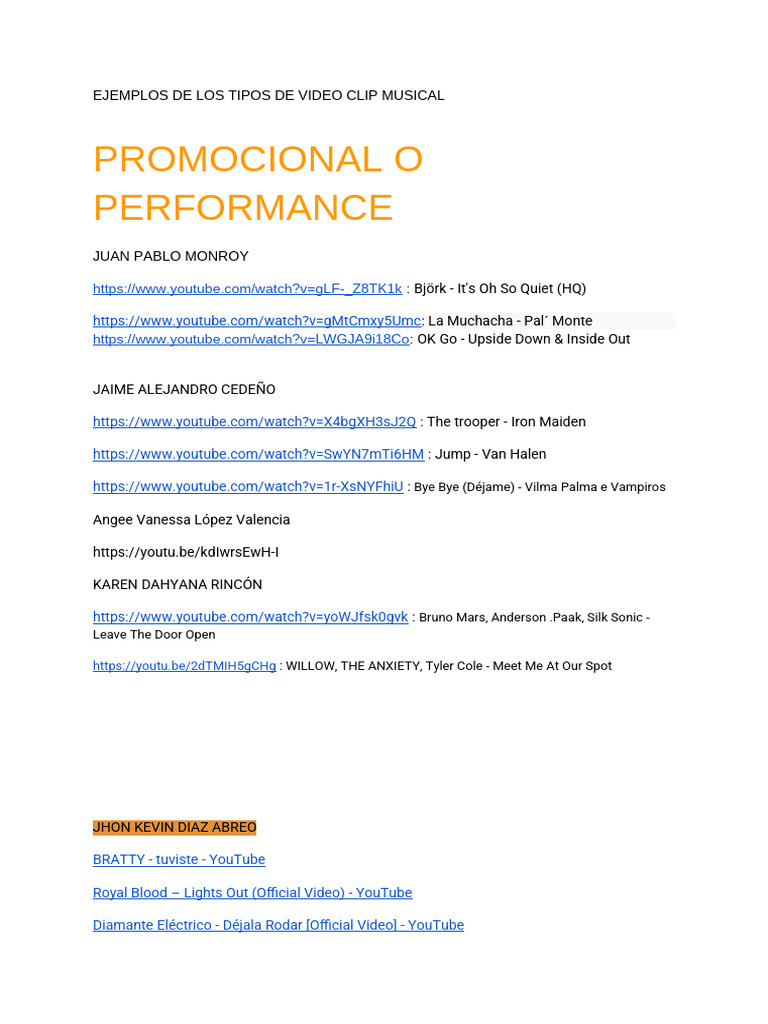 Ejemplos de Los Tipos de Video Clip Musical | PDF | Musicians | Music ...