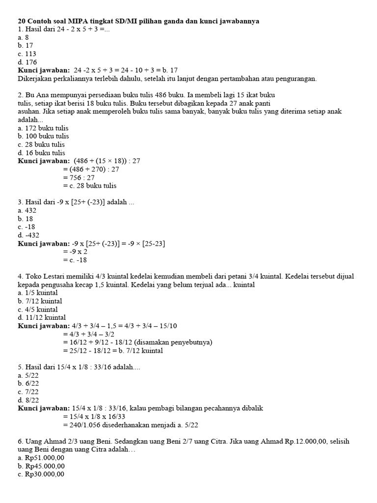20 Contoh Soal MIPA Tingkat SD HAL 1 | PDF