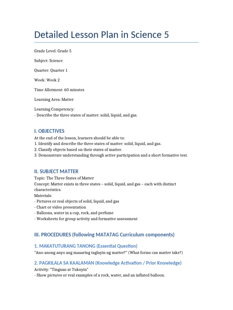 Grade 5 Lesson Plan: States of Matter | PDF | Gases | Liquids