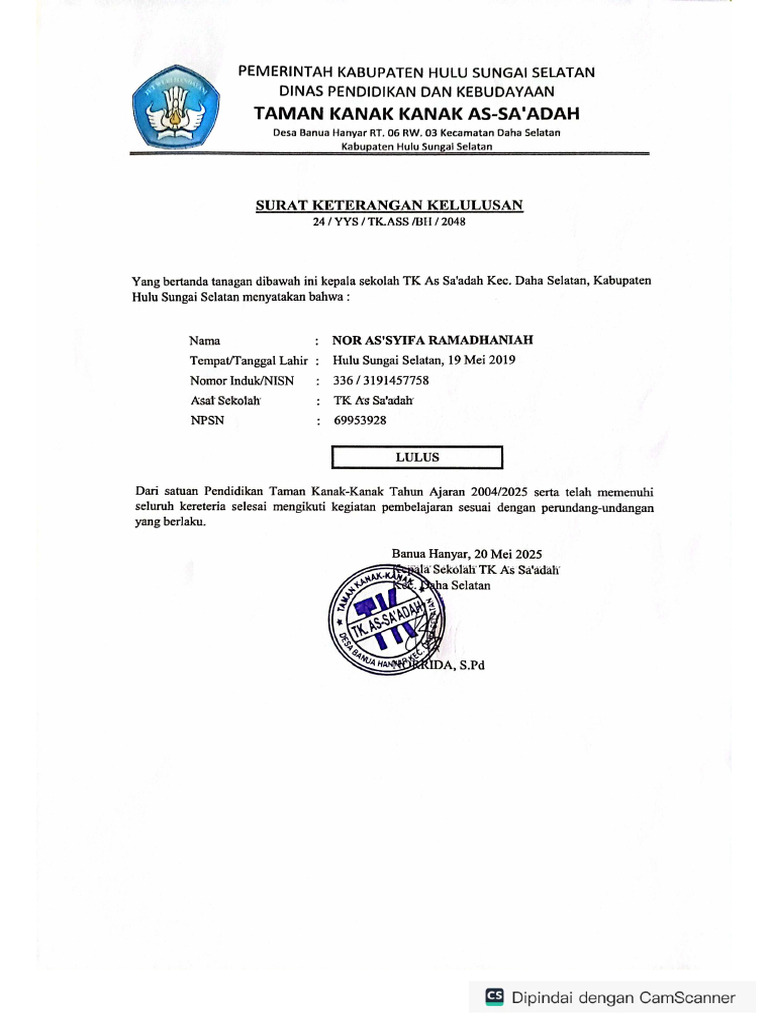 Surat Keterangan Lulus Nor As'syifa Ramadhaniah | PDF
