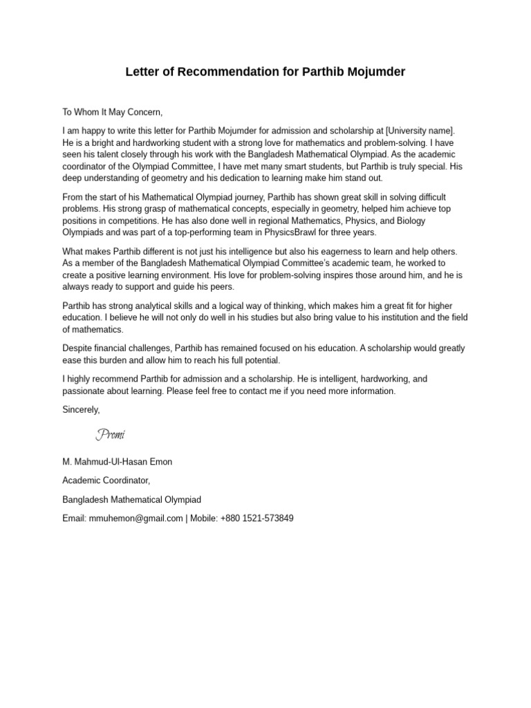 Letter of Recommendation For Parthib Mojumder | PDF | Mathematics ...