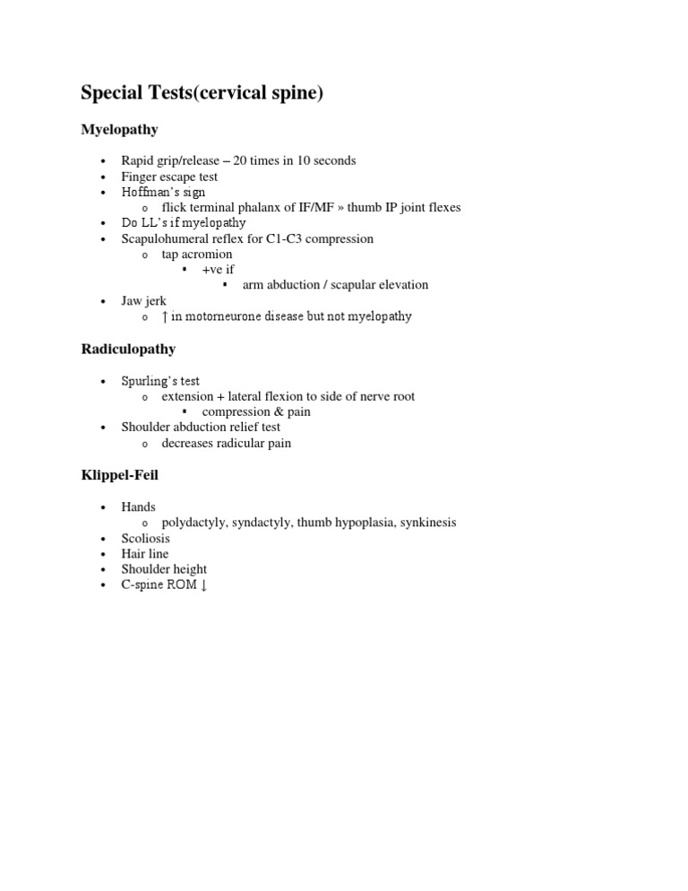 Special Tests Cervical Spine | PDF