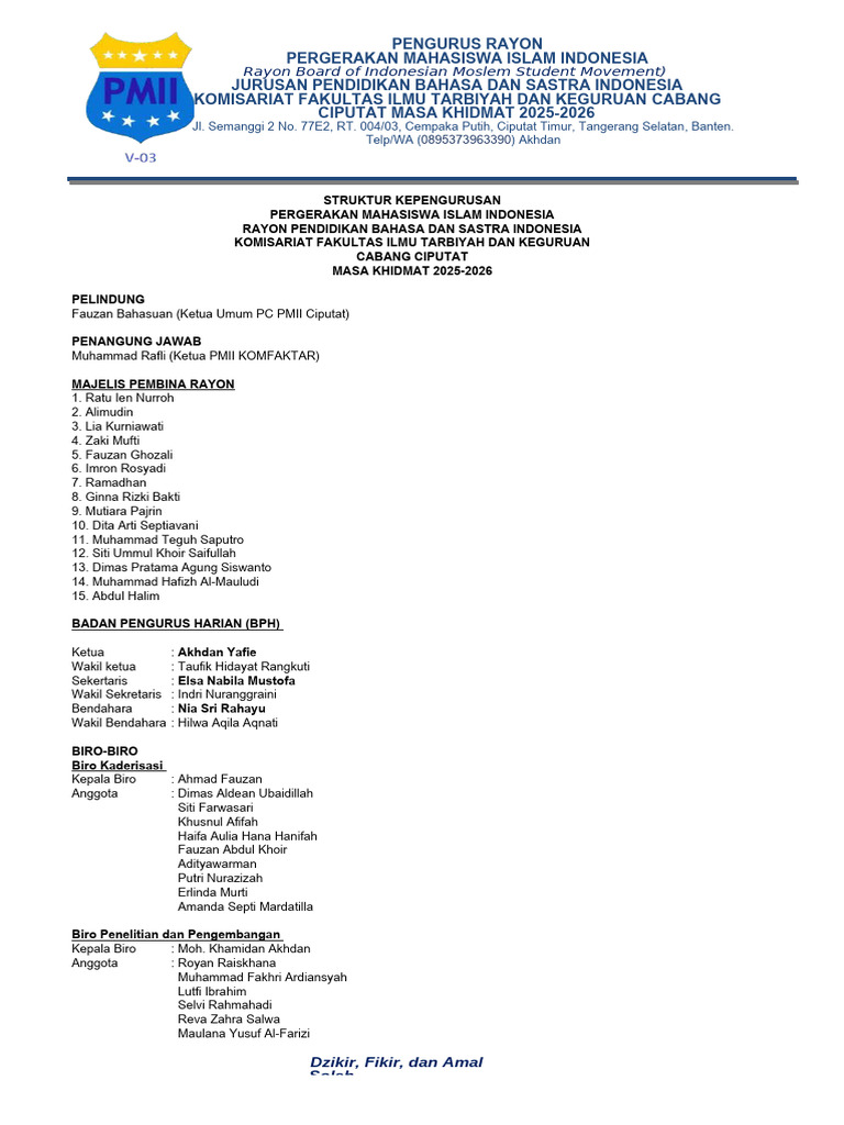 Struktur Kepengurusan PMII Rayon PBSI-2 | PDF