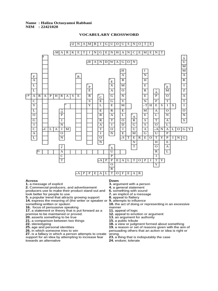 Vocabulary in Context Question Crossword | PDF | Argument | Logic