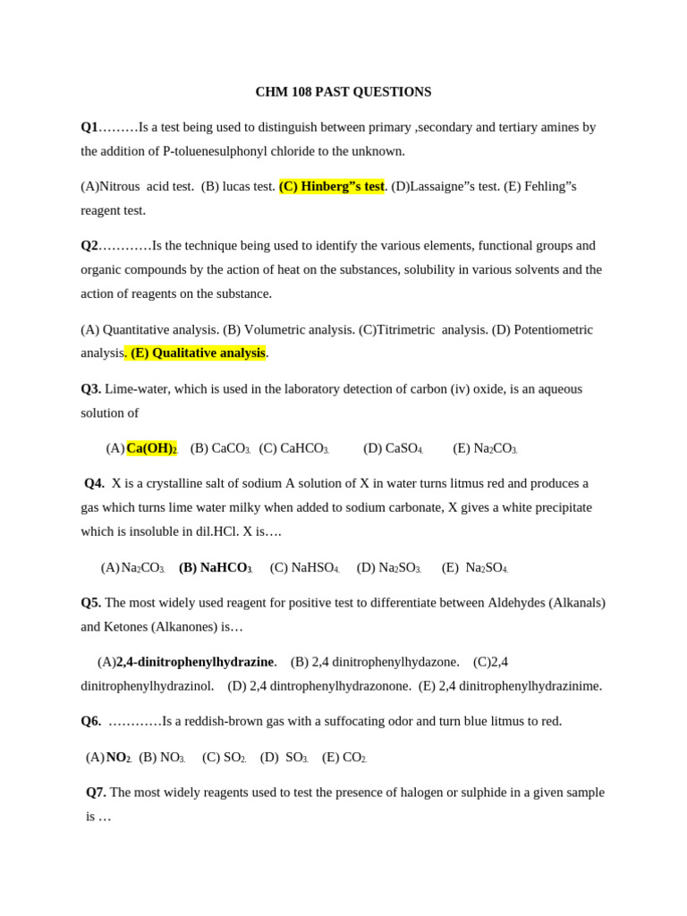 CHM 108 Past Question 3 | PDF | Aldehyde | Ester