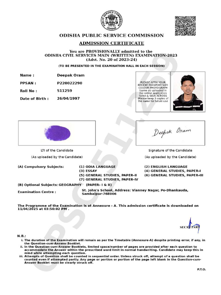 Ocs232579467456 Admitcard | PDF