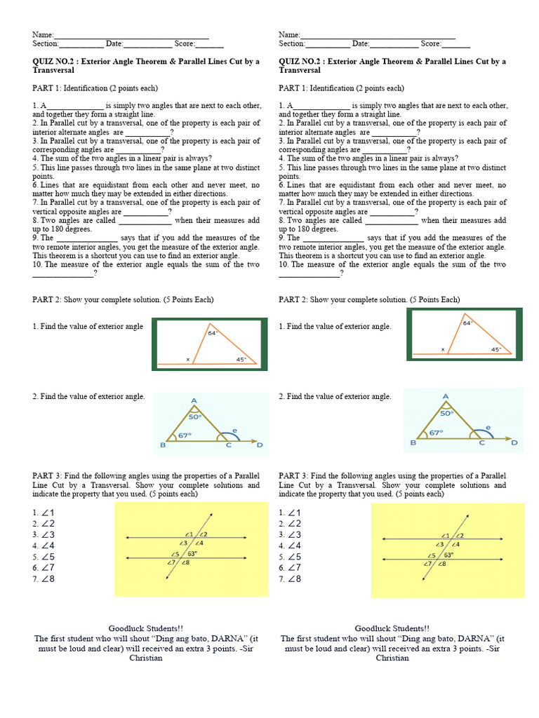 QUIZ 2 Parallel Line Cut by A Transversal | PDF | Geometry | Euclidean ...