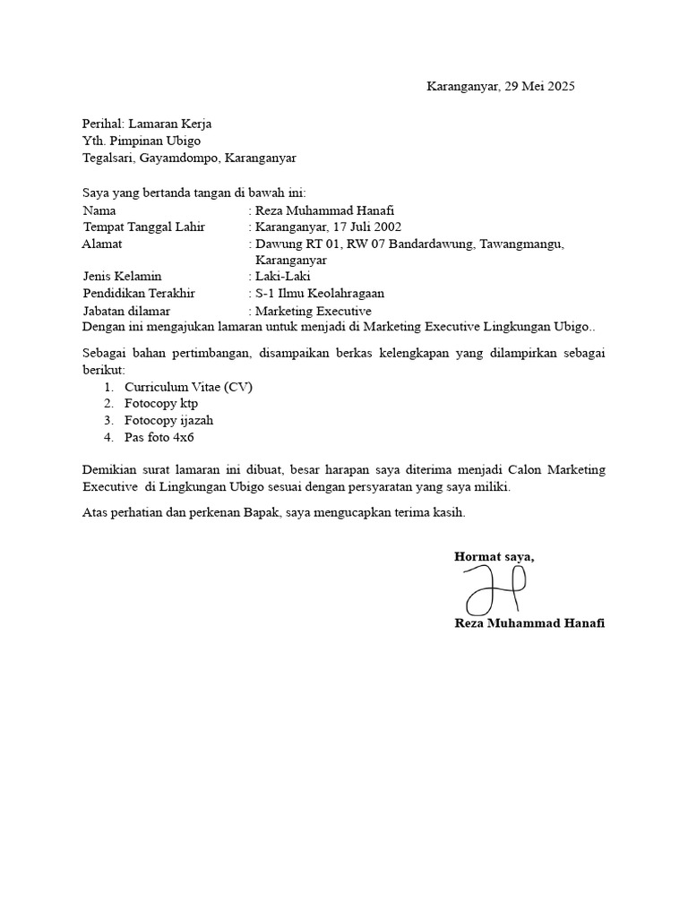 Lamaran Reza Muhammad Hanafi Ubigo | PDF
