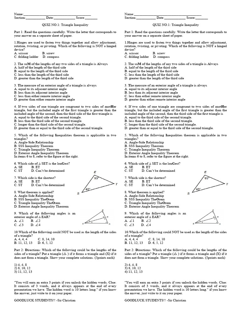 Triangle Inequality Quiz Questions | PDF | Triangle | Euclid