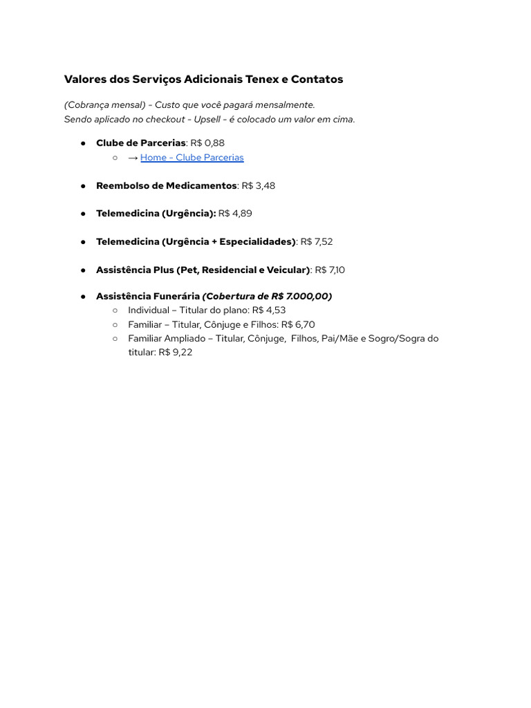 Valores Serviços Adicionais - Tenex | PDF