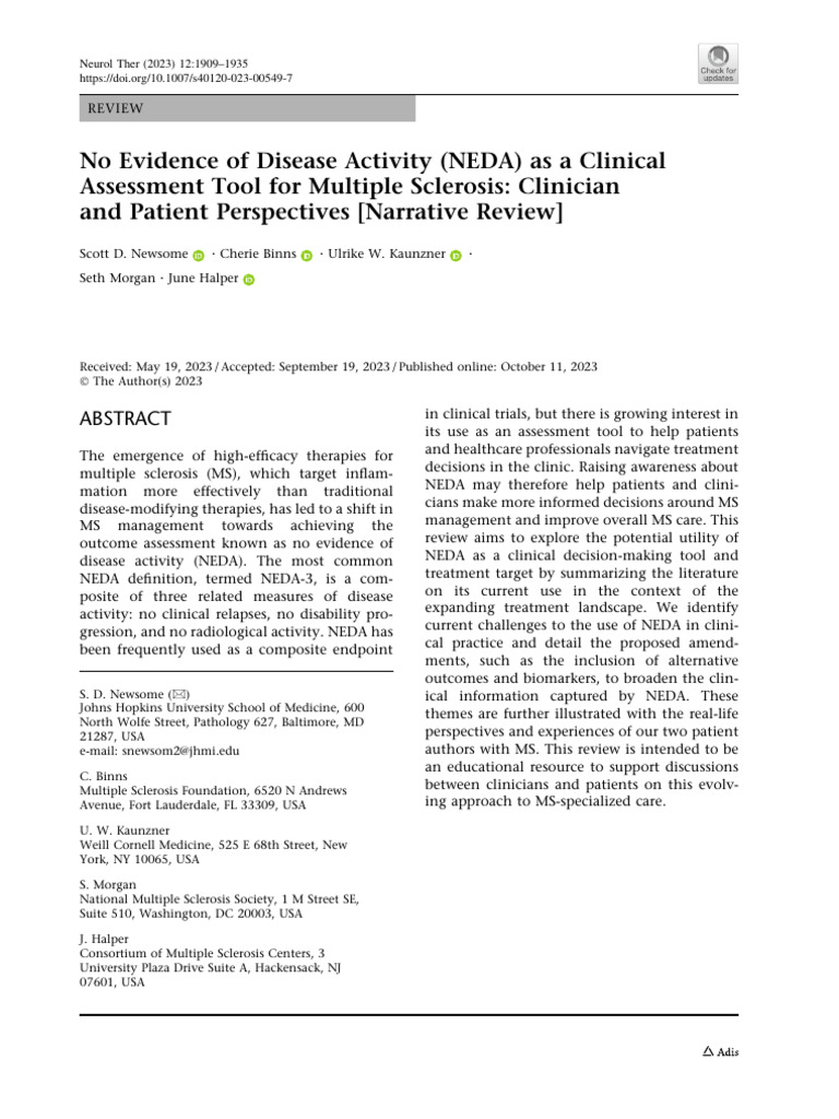 No Evidence of Disease Activity (NEDA) As A Clinical Assessment Tool ...