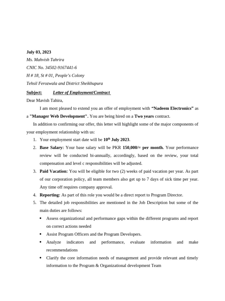 Employment Offer for Web Development Manager | PDF | Employment | Business