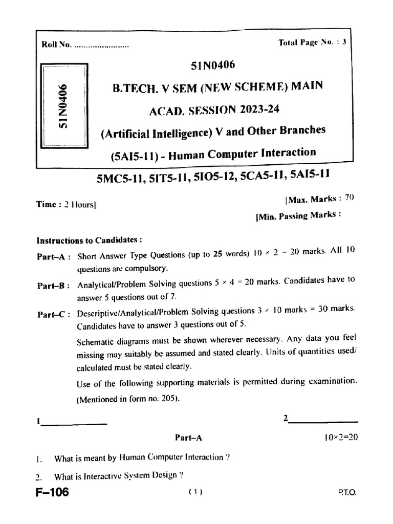 Btech Cs It 5 Sem Human Computer Interaction 51n0406 2024 | PDF