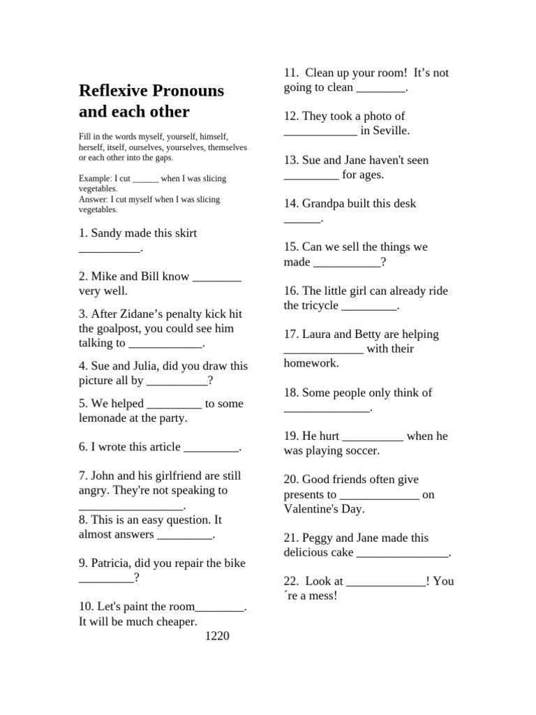 Reflexive Pronouns Fill-in Exercise | PDF