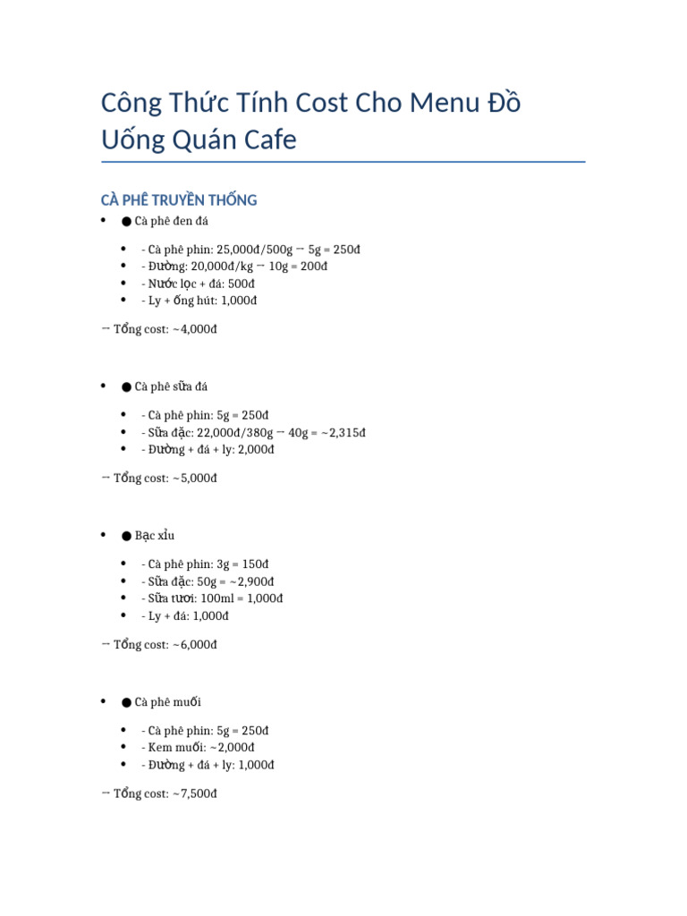 Cong Thuc Tinh Cost Menu Cafe | PDF