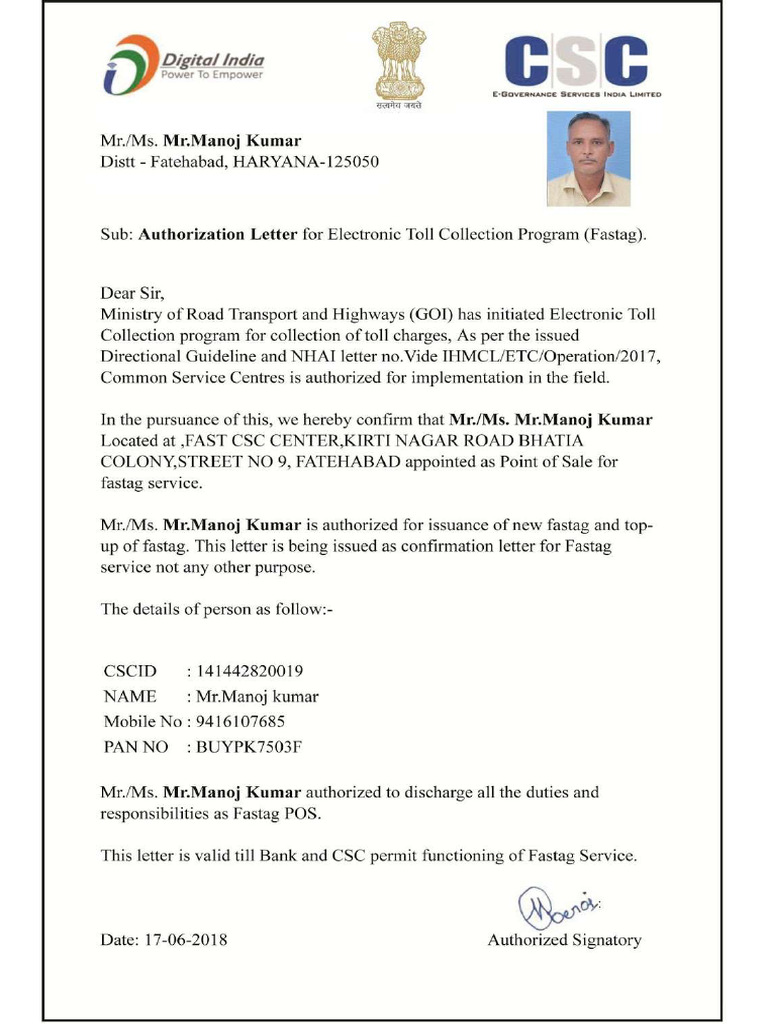 Authorization Letter Fast Tag | PDF