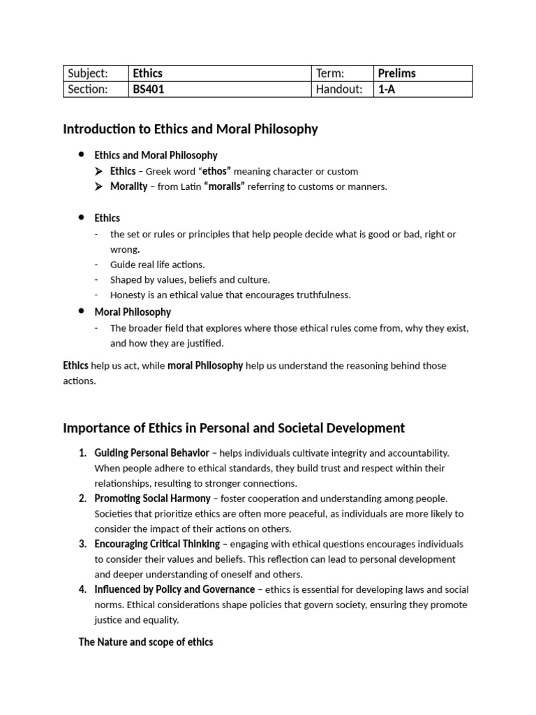 Ethics Prelims Reviewer Handout 1 A | PDF | Morality | Social Psychology