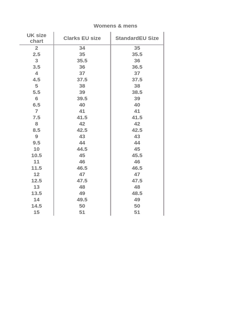 Clarks Shoe Size Chart - Fit G | PDF